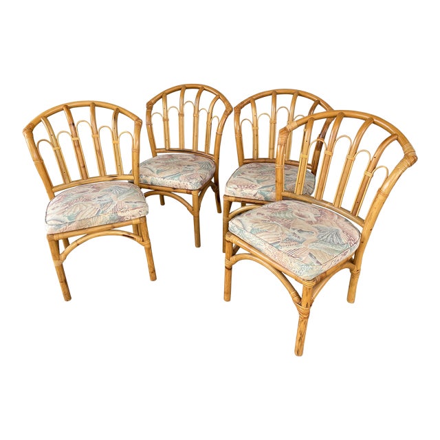 Vintage Set of 4 Coastal Rattan Dining Chairs With Curved Backs and ...