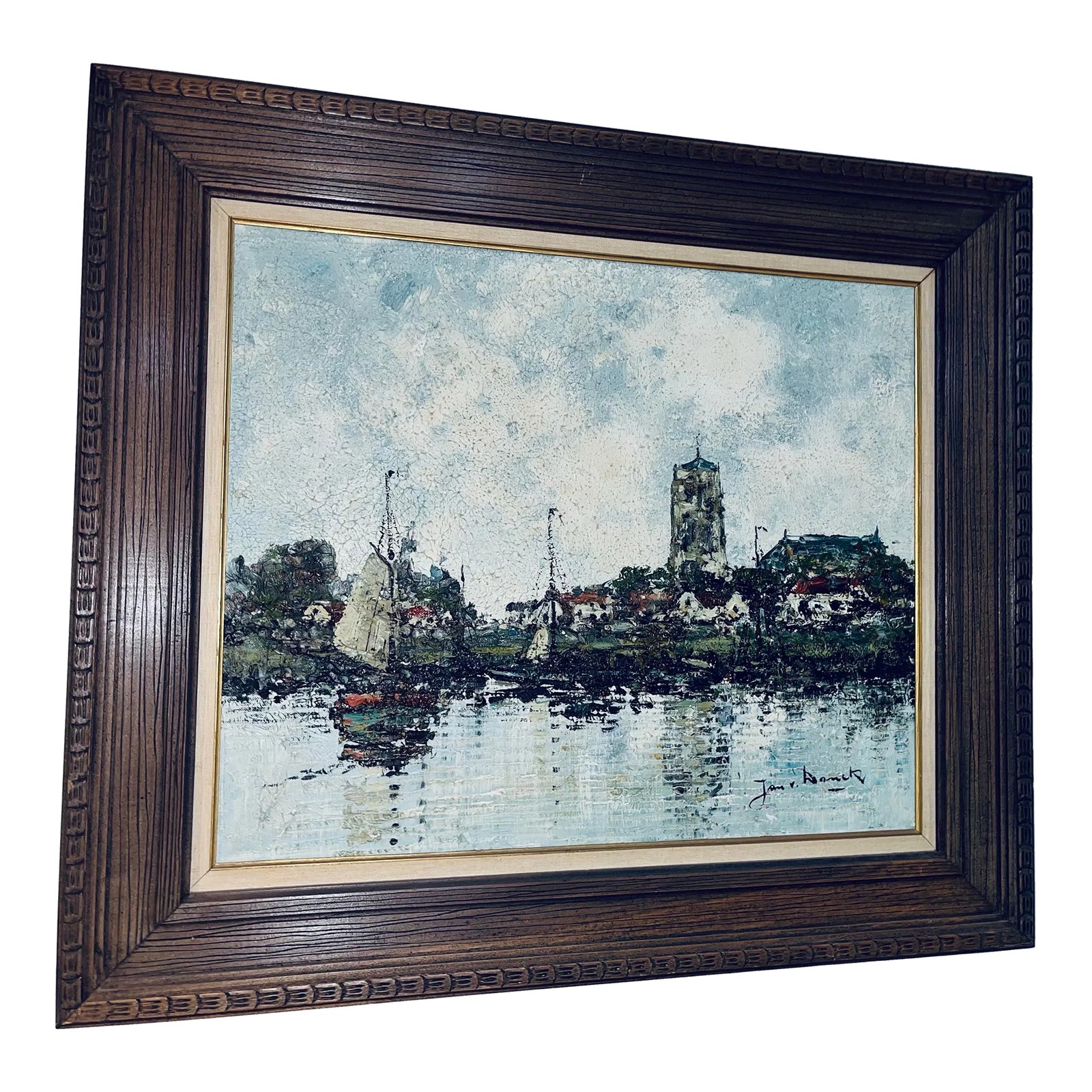 Mid Century Expressionist Dutch Painting of Boats Middelburg in Zeeland ...