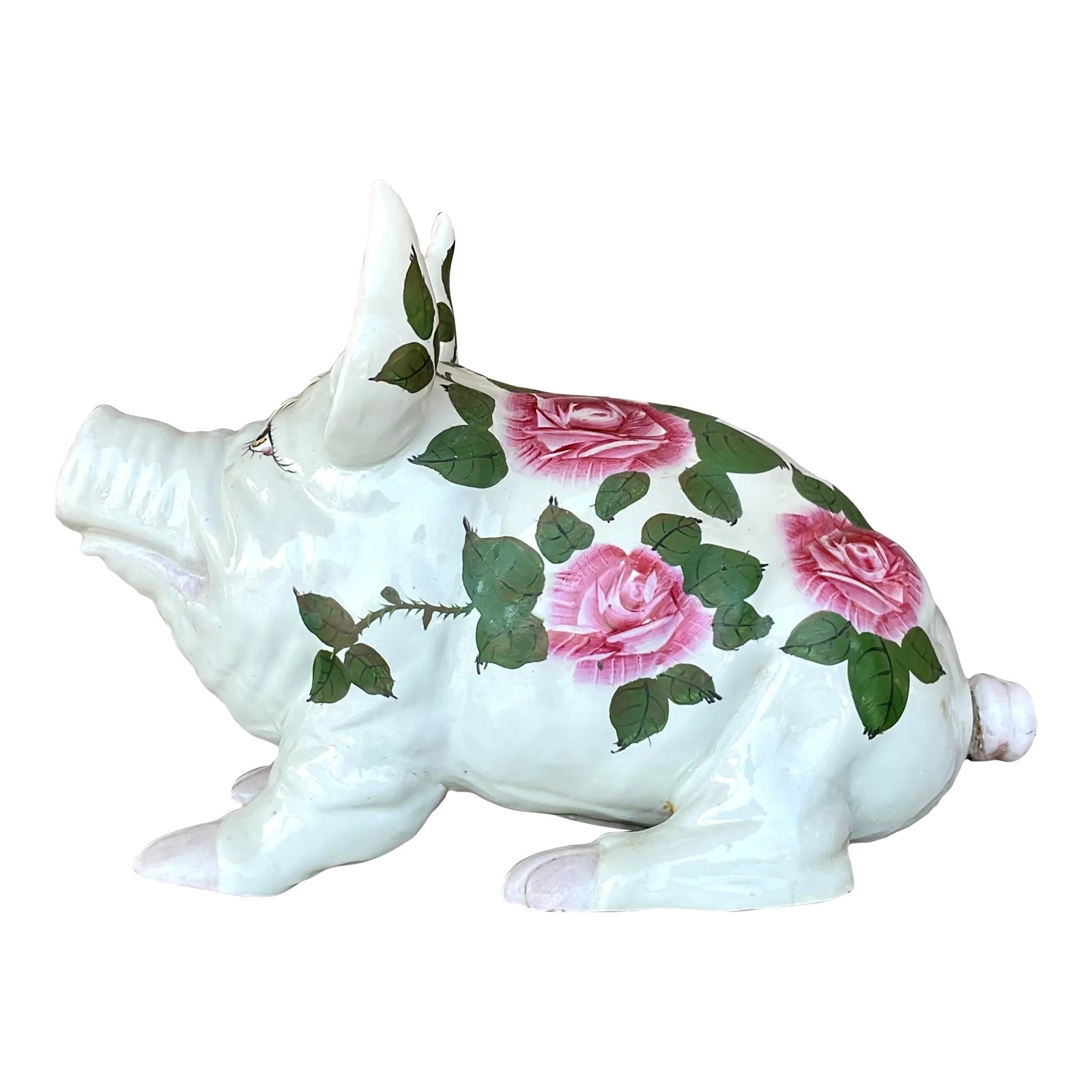 Vintage Boho Hand Painted Ceramic Pig With Roses | Chairish