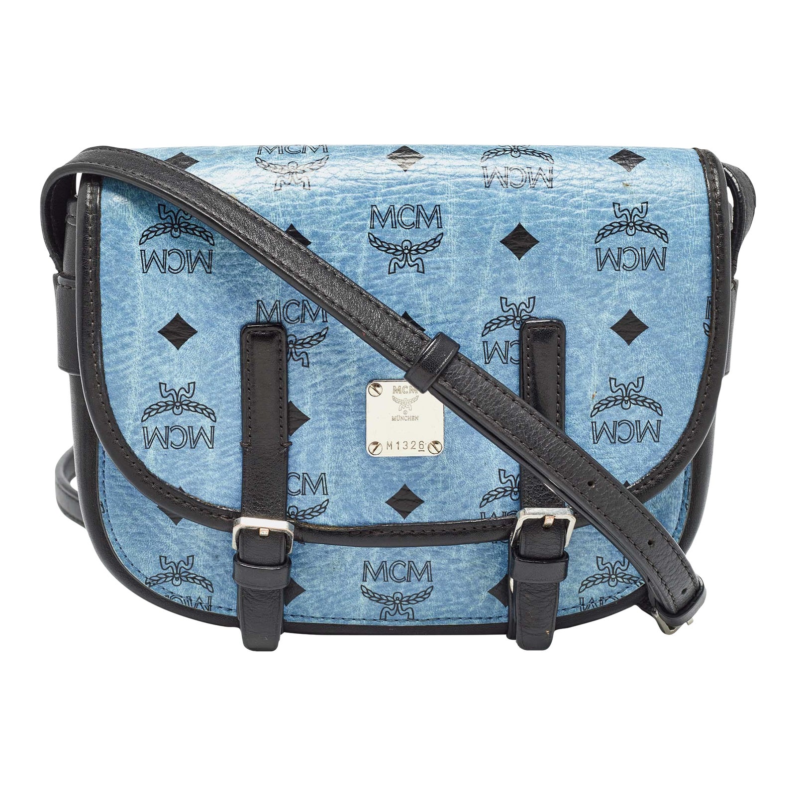 Mcm Blue/Black Visetos Coated Canvas And Leather Crossbody Bag | Chairish