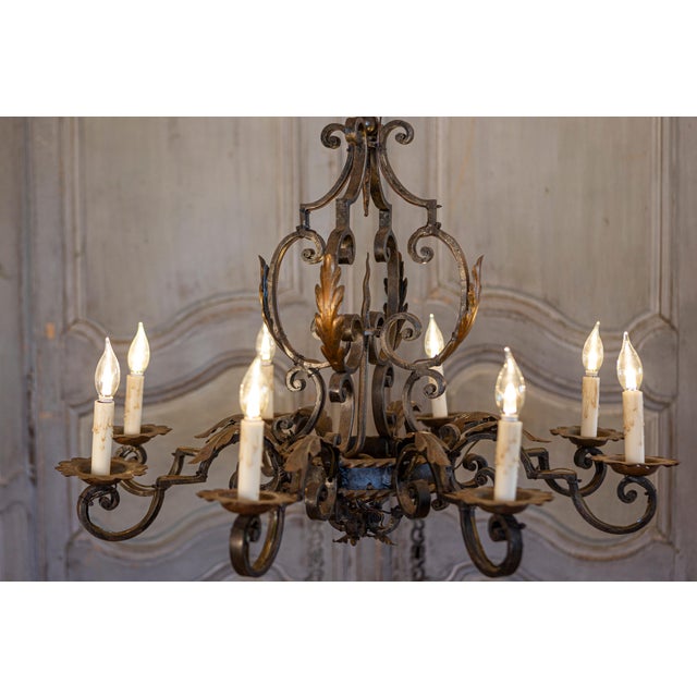 French Wrought Iron Eight-Light Chandelier with Scrolling Arms and ...
