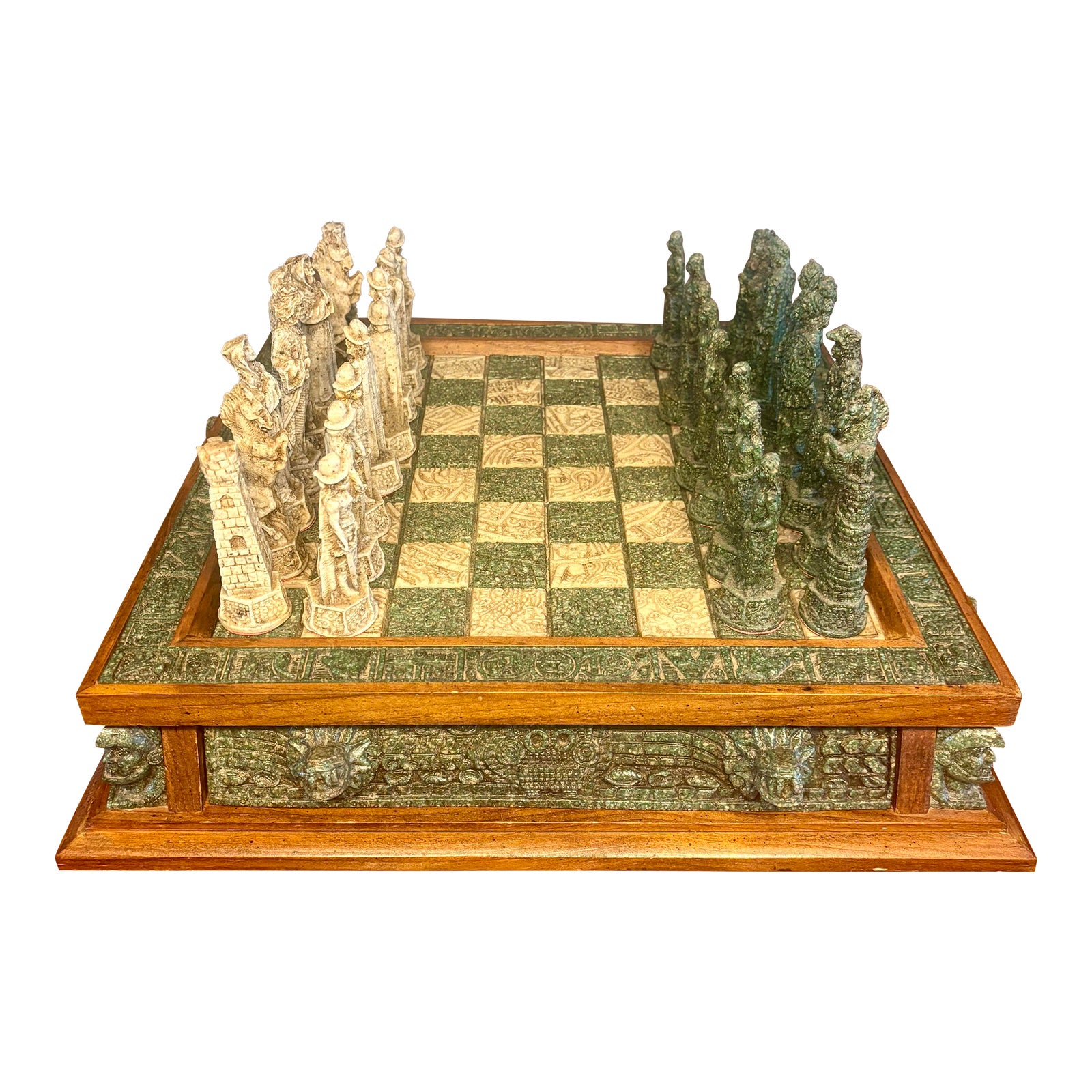 Large Vintage Aztecs vs Conquistadors Stone, Resin, and Wood Chess Set ...