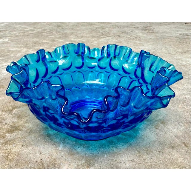 1970s Fenton Glass Colonial Blue Thumb Print Double Crimp Bonbon Bowl ...
