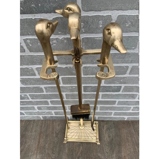 Neoclassical Brass Mallard Duck Head Fireplace Tools and 2 Shell ...