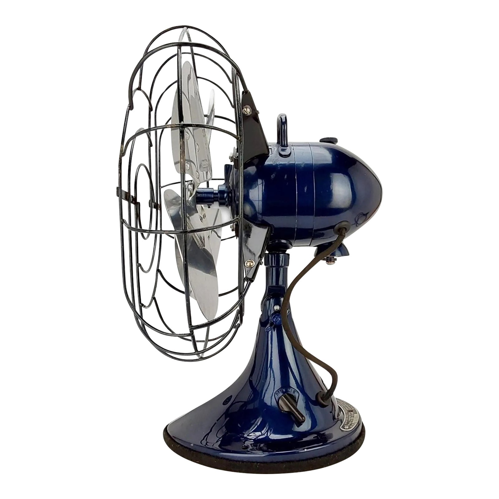 1938 Restored Hunter Zephair Oscillator Desk Fan, Navy Blue | Chairish