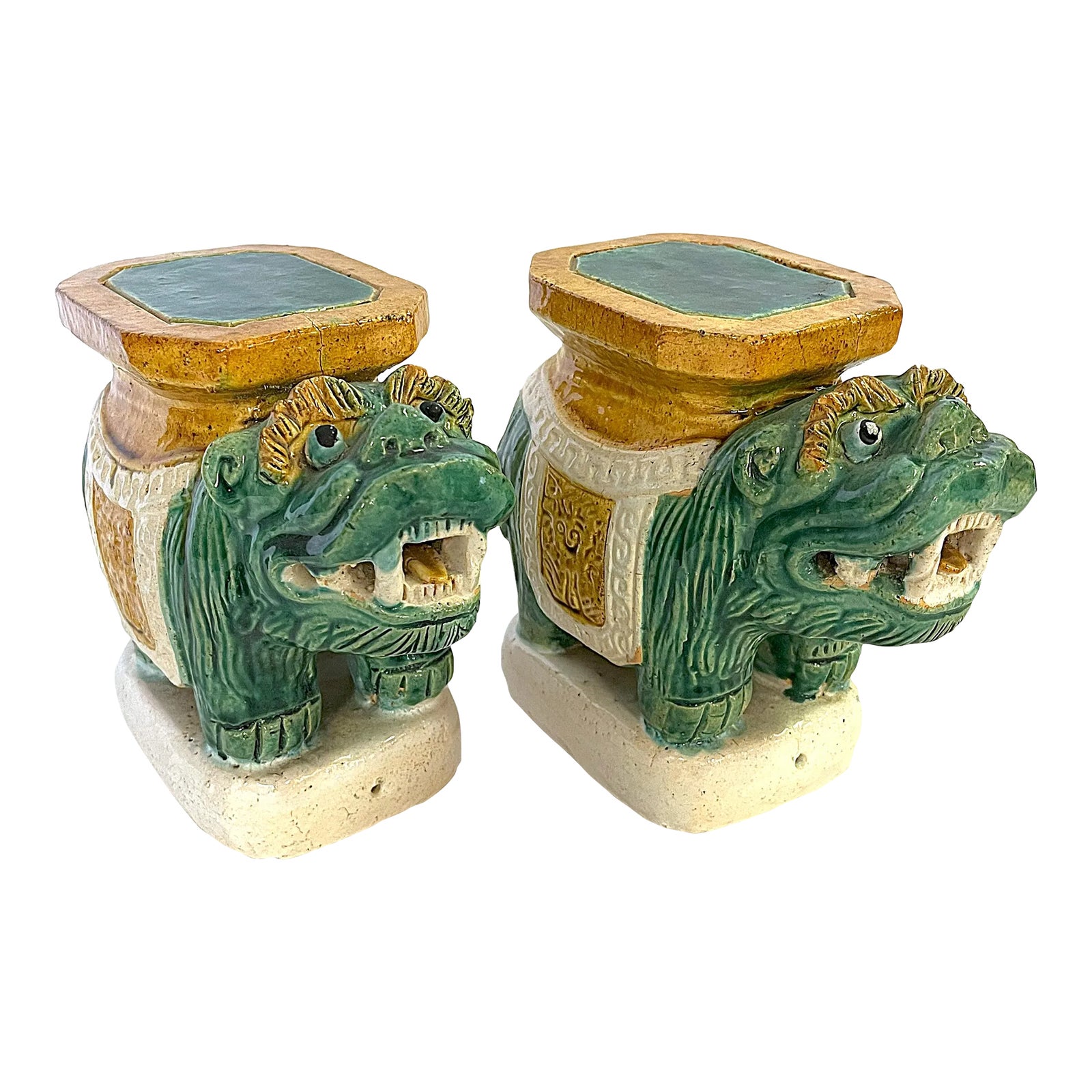 Mid 20th Century Glazed Pottery Foo Dog Pedestals Made in Hong Kong- a ...