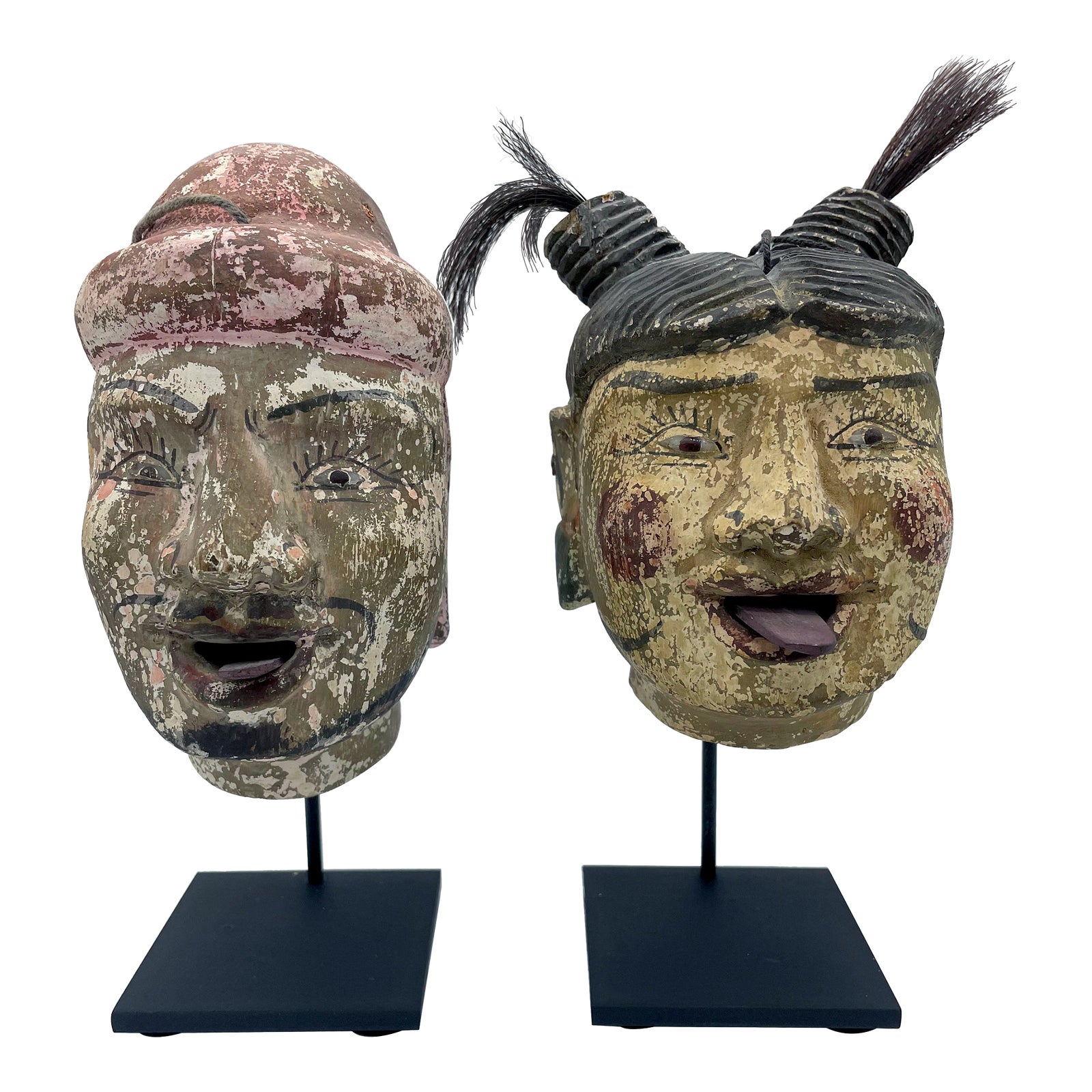 Antique Burmese Polychrome Animated Mounted Puppet Heads | Chairish