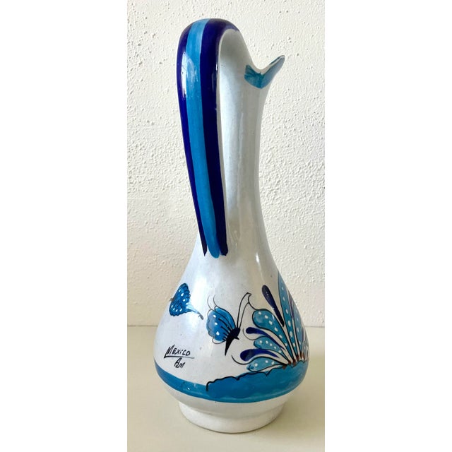 20th Century Mexican Tonala Bird Blue and White Pitcher | Chairish