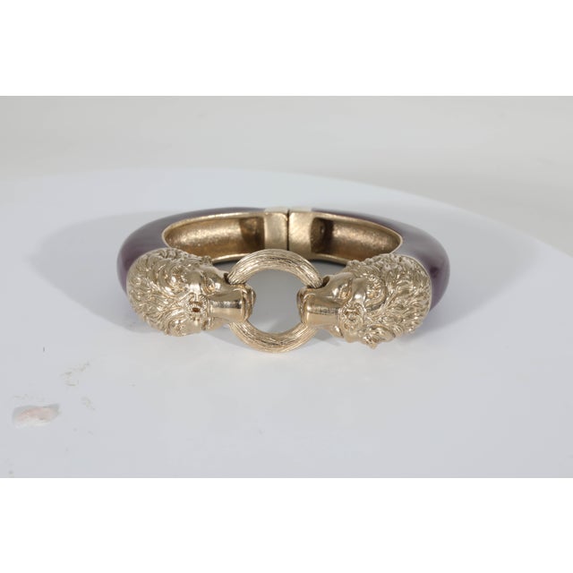 Chanel Lion Head Purple Enamel Gold Tone Cuff Bracelet | Chairish