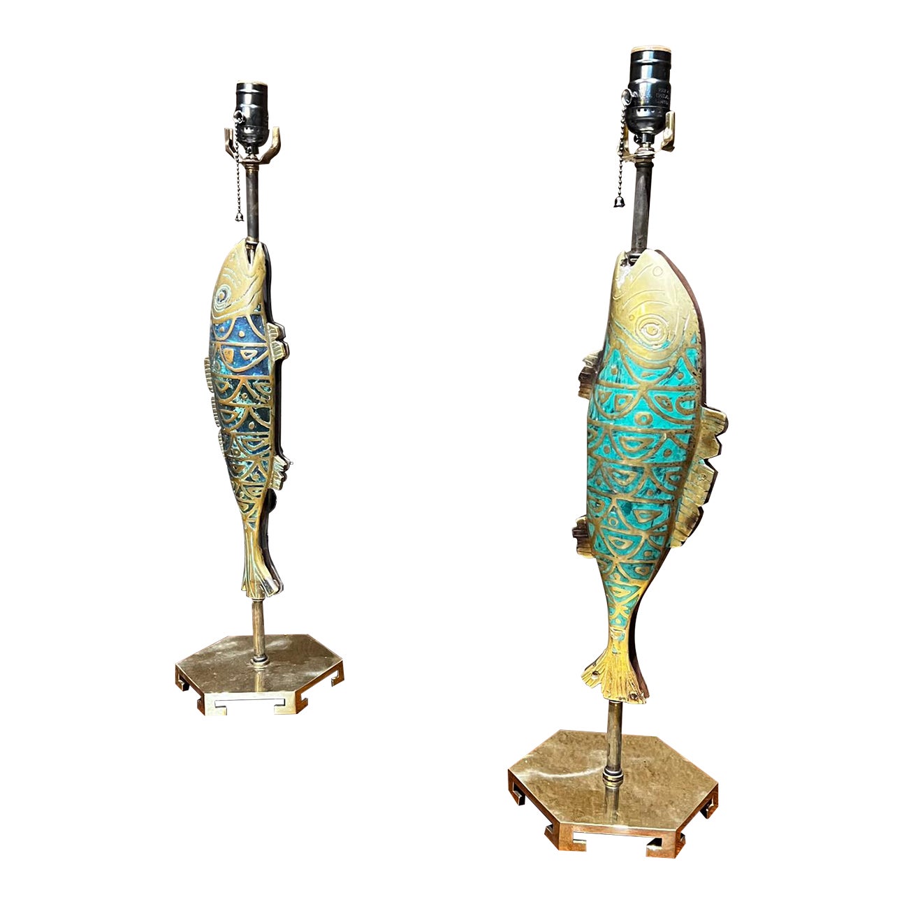 1960s Pepe Mendoza Sensational Bronze Fish Table Lamps Malachite ...