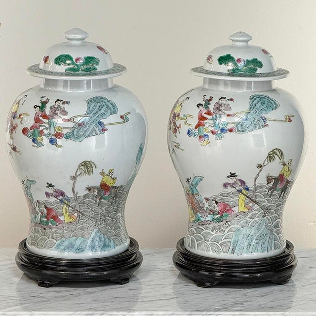 Pair Antique Chinese Porcelain Lidded Urns With Wood Bases | Chairish