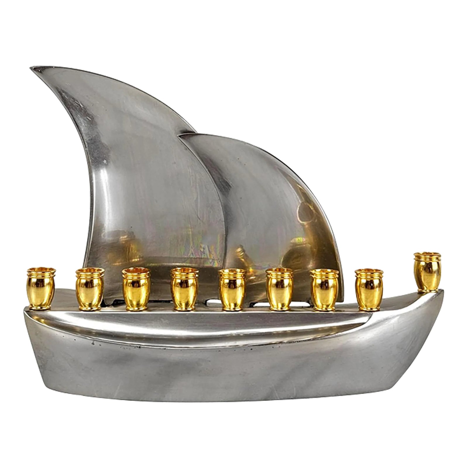 Vintage Pewter & Brass Sail Boat Hanukkah Candle Menorah | Chairish
