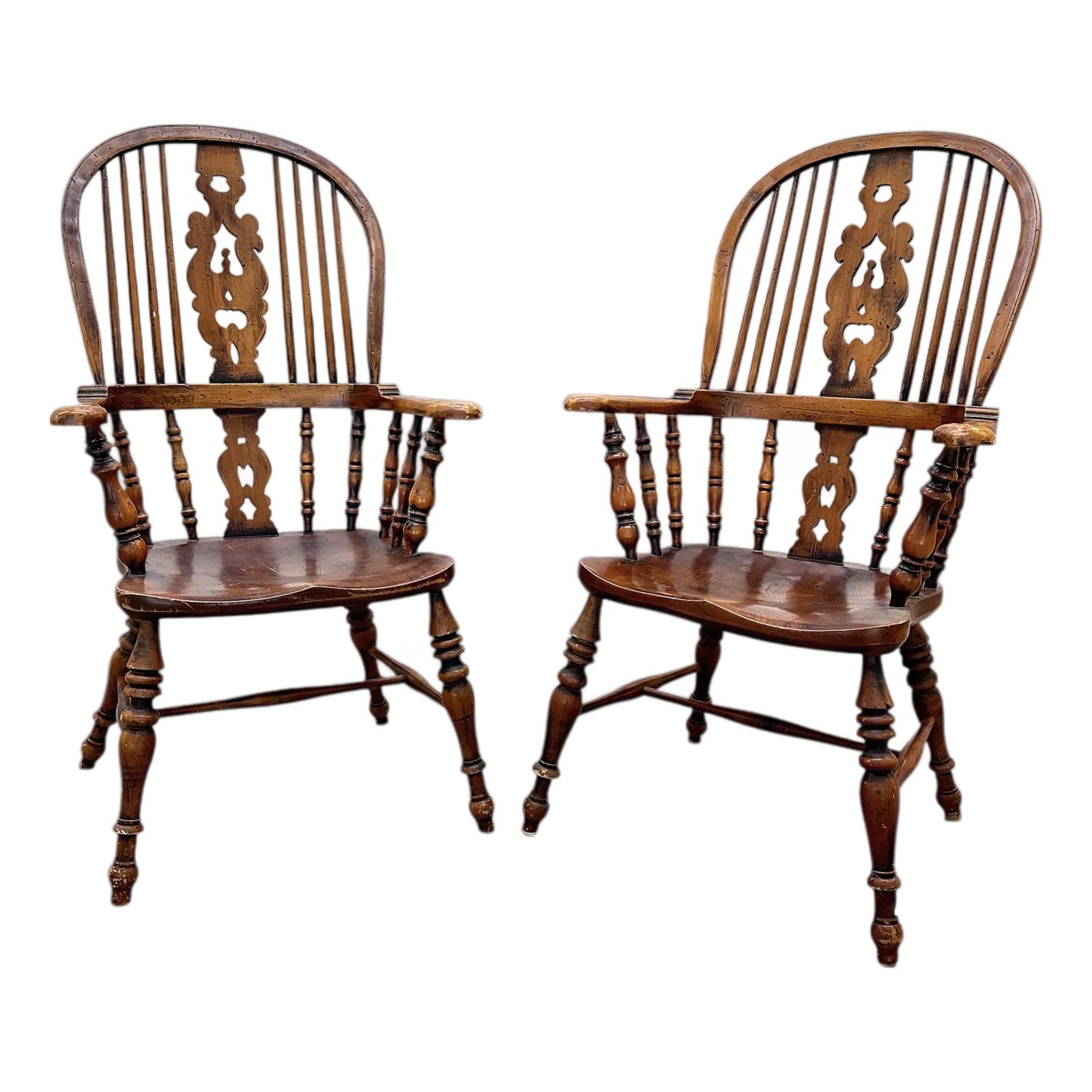 Early 20th C Windsor Chair Pair Set of Two Elm Wood England Arms ...