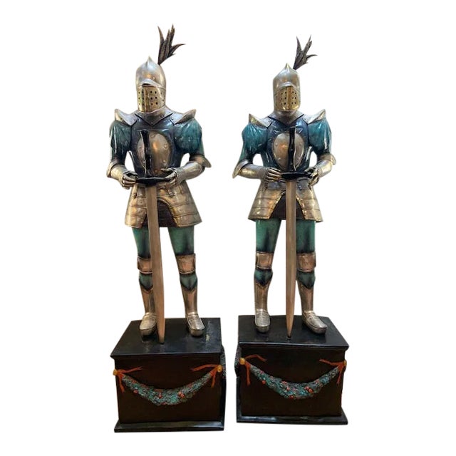 Life Size Medieval Bronze Knight With Sword Statue - Pair | Chairish