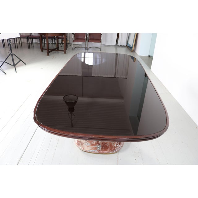 Oval Dining Table with Aubergine-Colored Glass Top and Marble Base ...