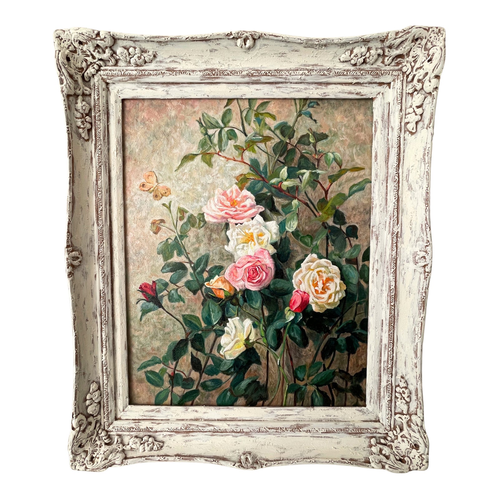 Study of Roses on Wall Oil Painting in Vintage Frame | Chairish