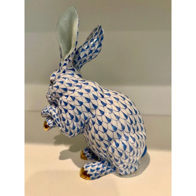 Herend Blue Fishnet Rabbit "Bunny With Paws Up" Figurine | Chairish