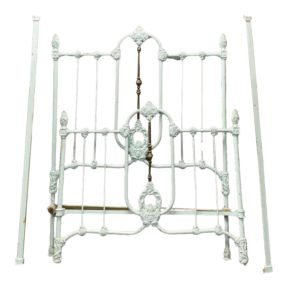 Antique Light Blue Cast Iron & Brass Full Bed, Late 19th Century | Chairish