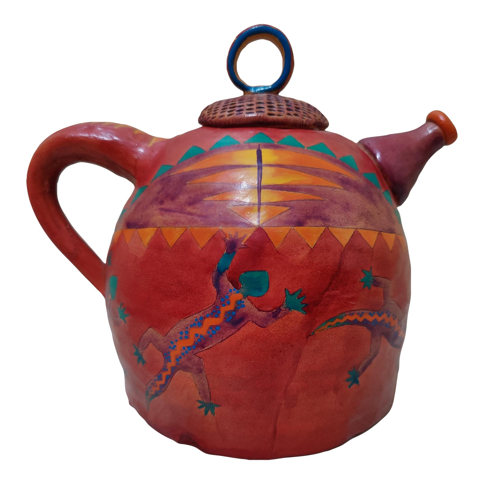 2000s Signed Christopher Gamez Hand Coiled Hand-Painted Pottery Tea Pot ...