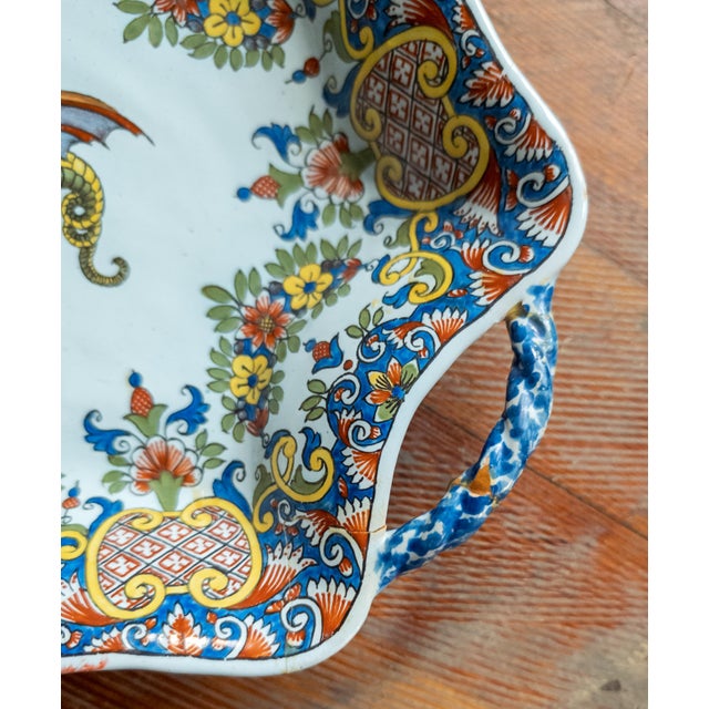 19th Century French Rouen Faience Delft Polychrome Majolica Tray With Armorial Crest | Chairish