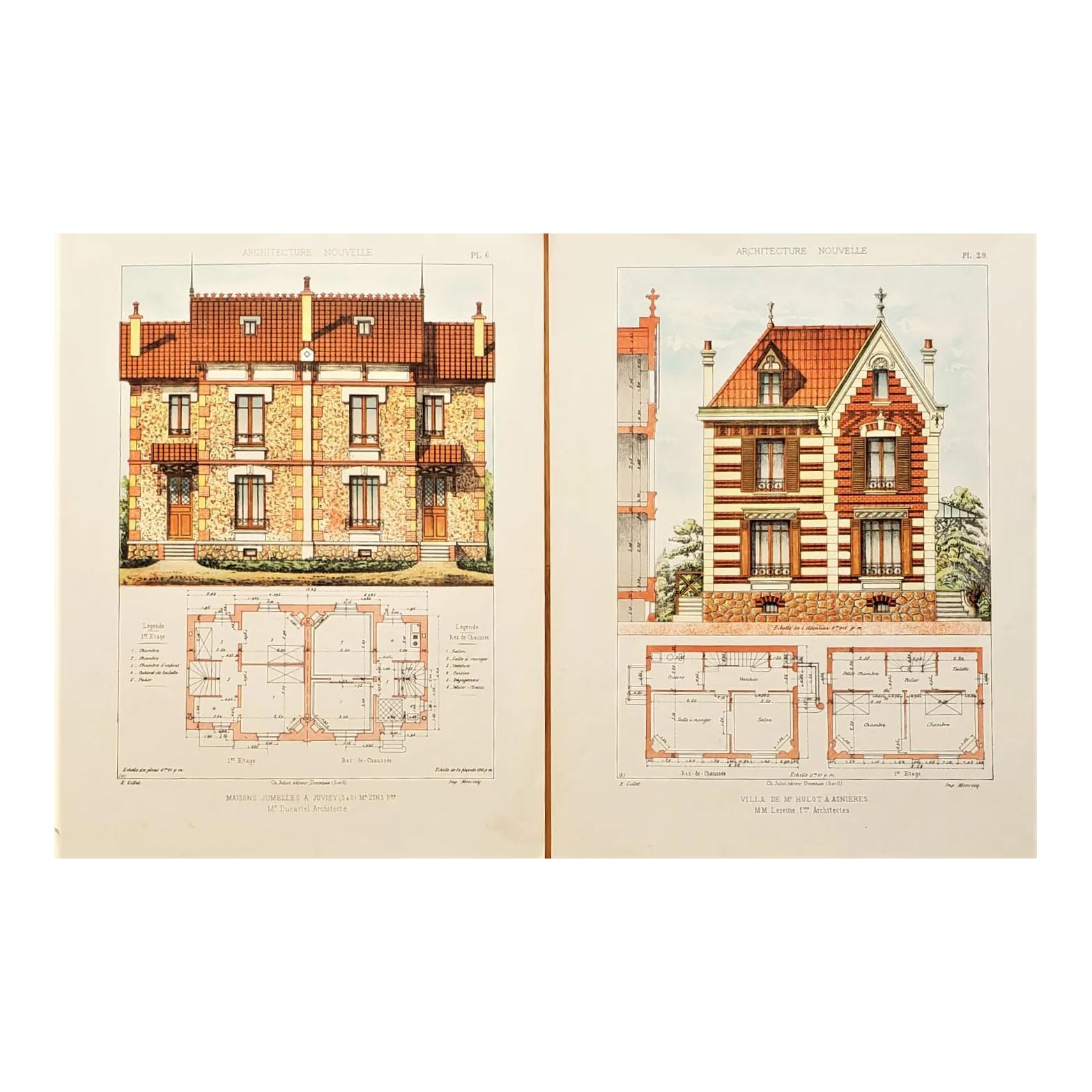 Pair- 1900 French Architecture Lithographs-Country Homes | Chairish