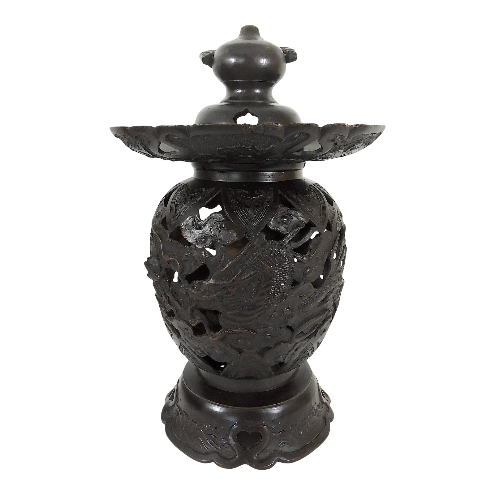 Old Japanese Bronze Reticulated Censer / Candle Lamp With Dragons and ...