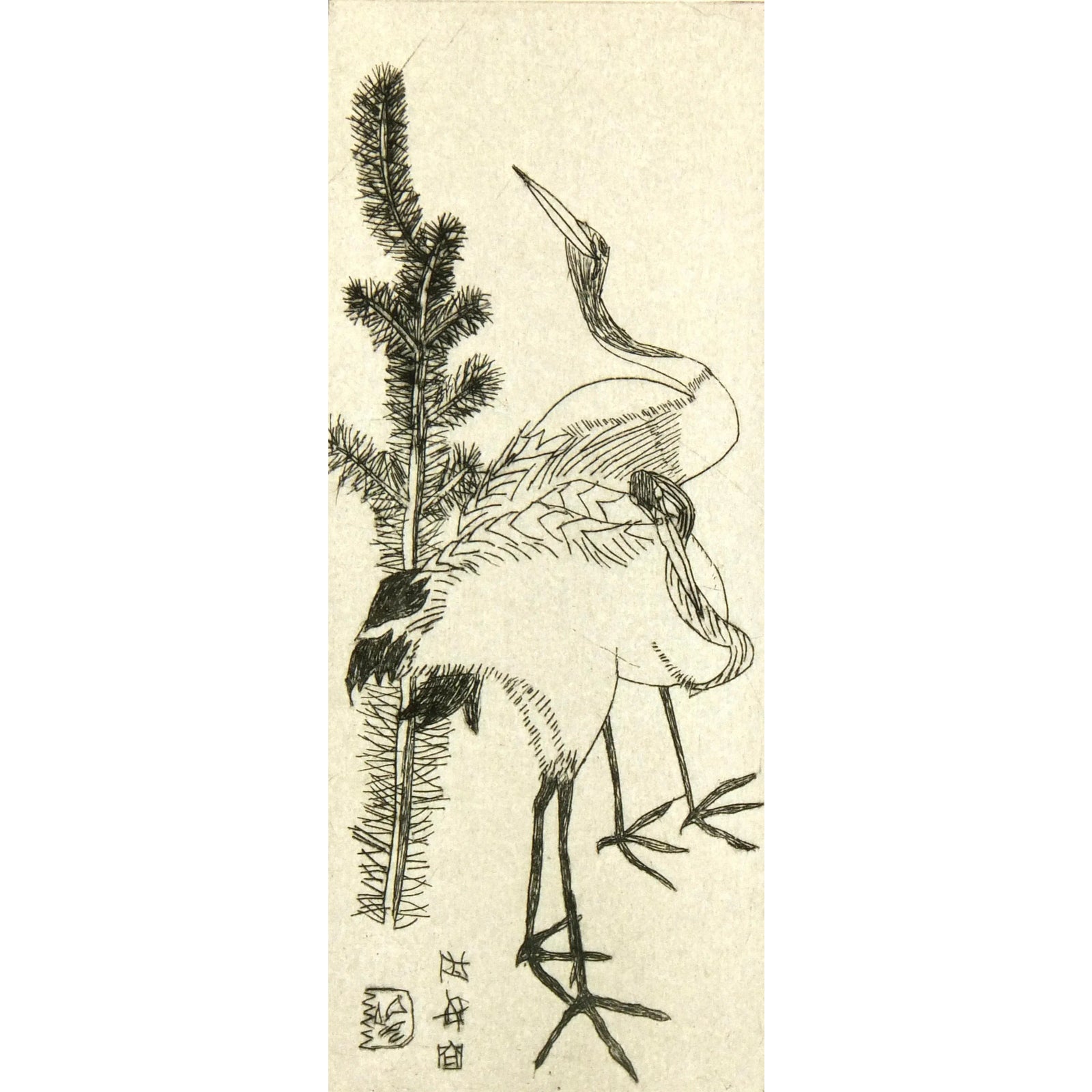 Stork Etching on White Mat with Gold Border | Chairish