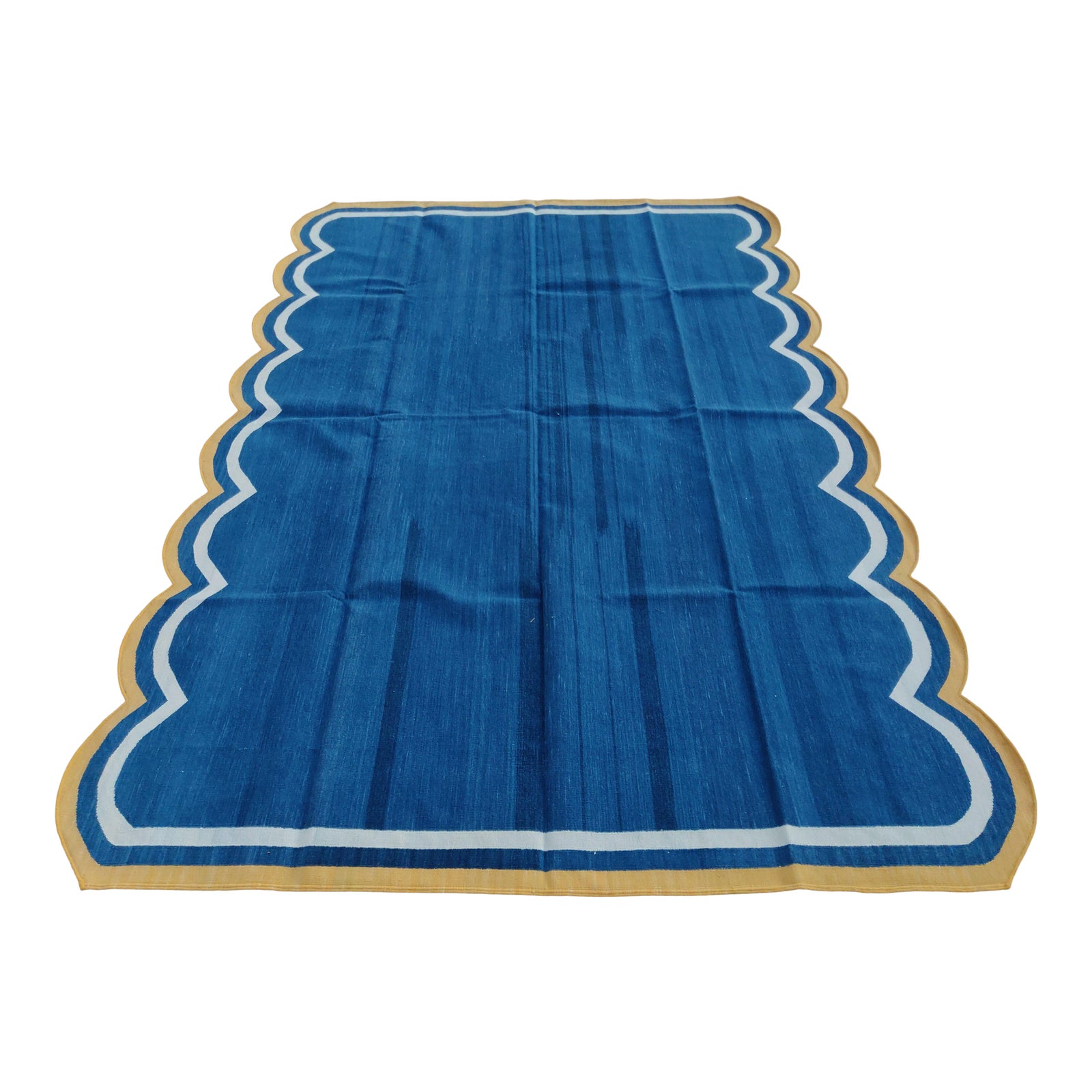 Handmade Cotton Vegetable Dyed Scalloped Edge Rug Royal Blue With Cream ...