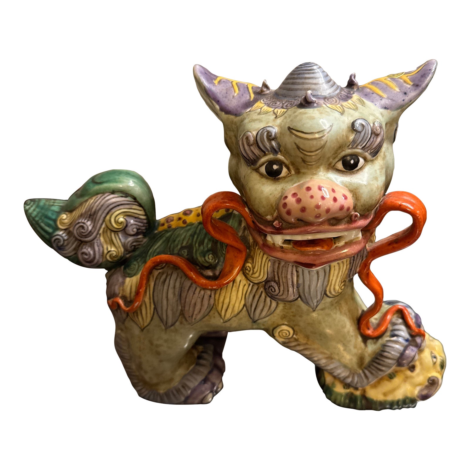 Vintage Multi-Color Porcelain Foo Dog Made in Hong Kong | Chairish