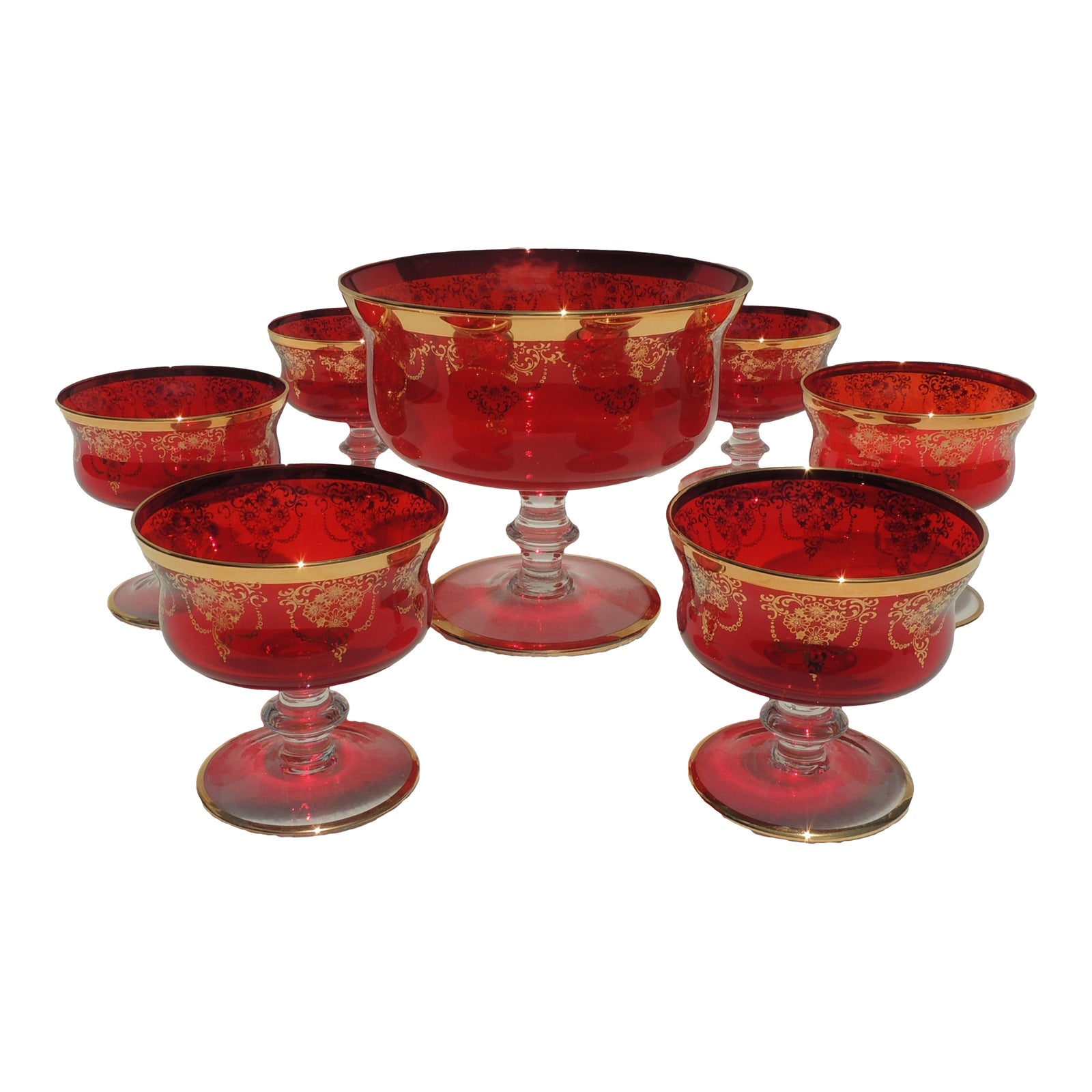 Vintage Mid-Century Bohemian Ruby Red Art Glass 24k Gold 7pc Pedestal Salad Dessert Serving Set ...