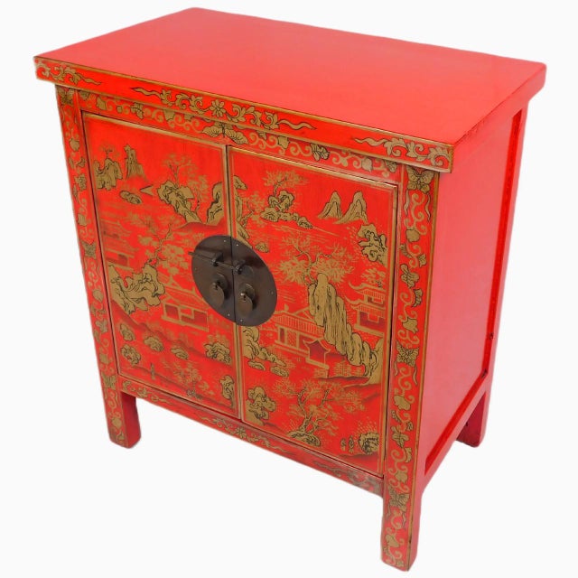 Red Lacquer Chest With Golden Painted Landscape | Chairish