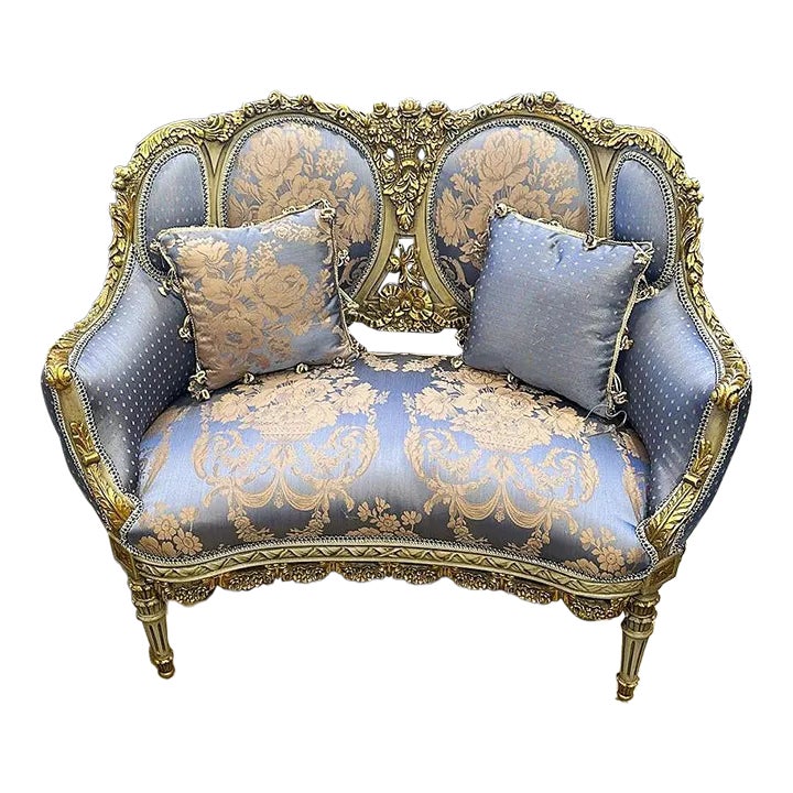 Rococo Style Blue Sofa With Gold Details and Pillows | Chairish