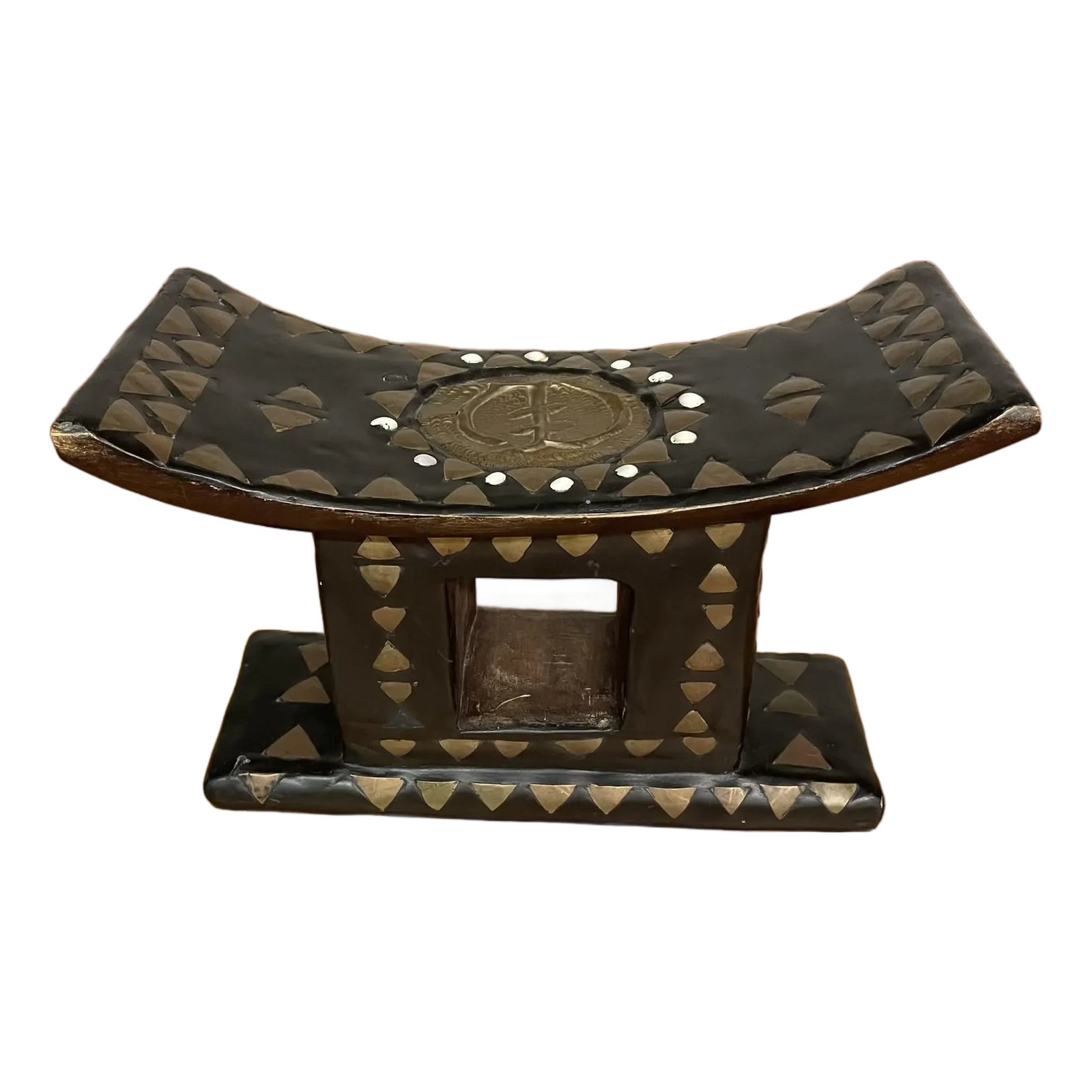 Hand-Carved African Ashanti Stool With Brass Inlay | Chairish