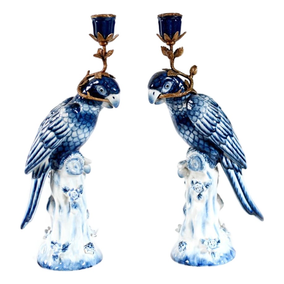 French Blue and White Porcelain Parrot Candlesticks with Gilt Mounts ...