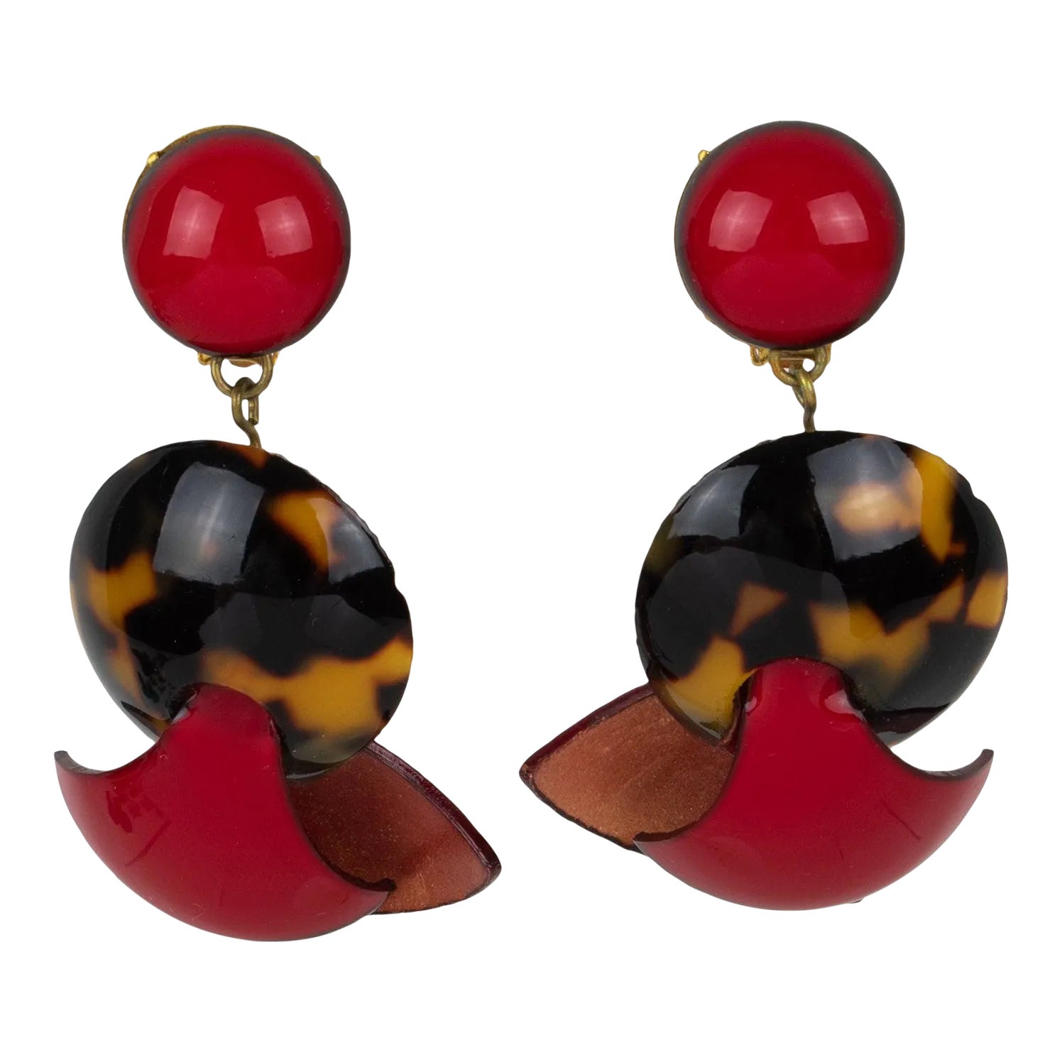 Cilea Paris Dangle Red and Faux Tortoise Resin Pair of Clip Earrings ...