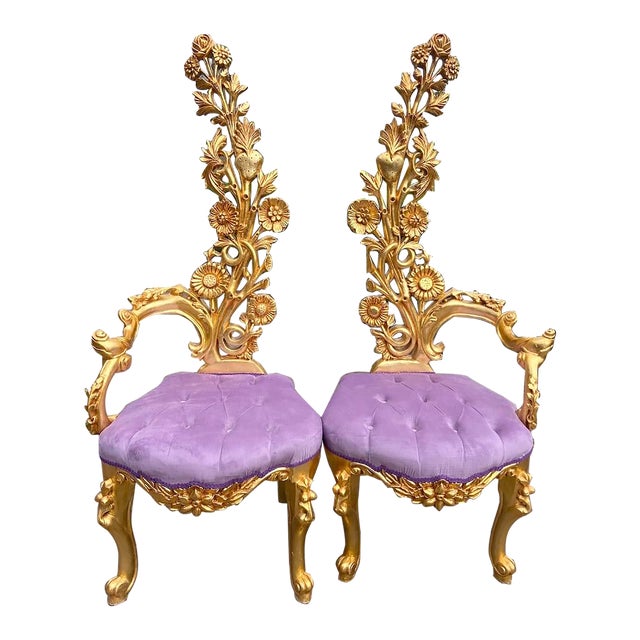 1980s Regal Italian Rococo Vintage Purple Flower Throne Chairs - Pair ...