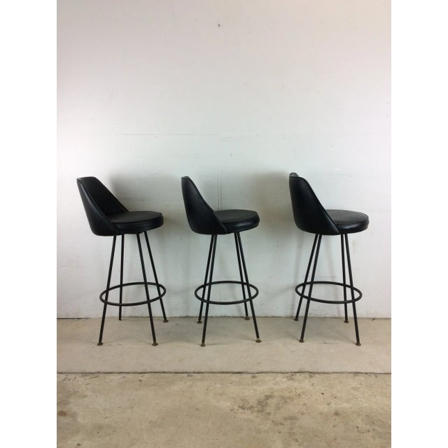 Set of 3 Mid Century Modern Black Vinyl Bar Stools | Chairish