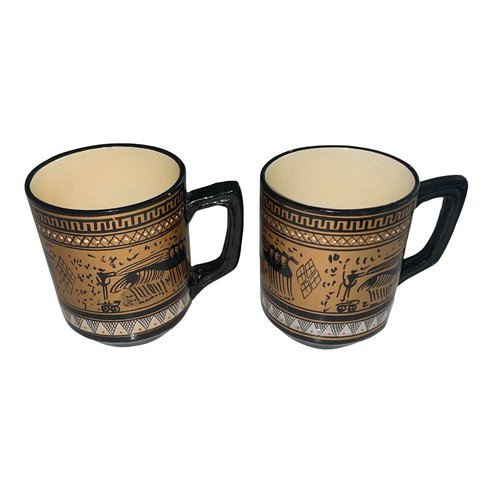 Pair of Vintage Hand Painted Greek Artistry Coffee Mugs | Chairish
