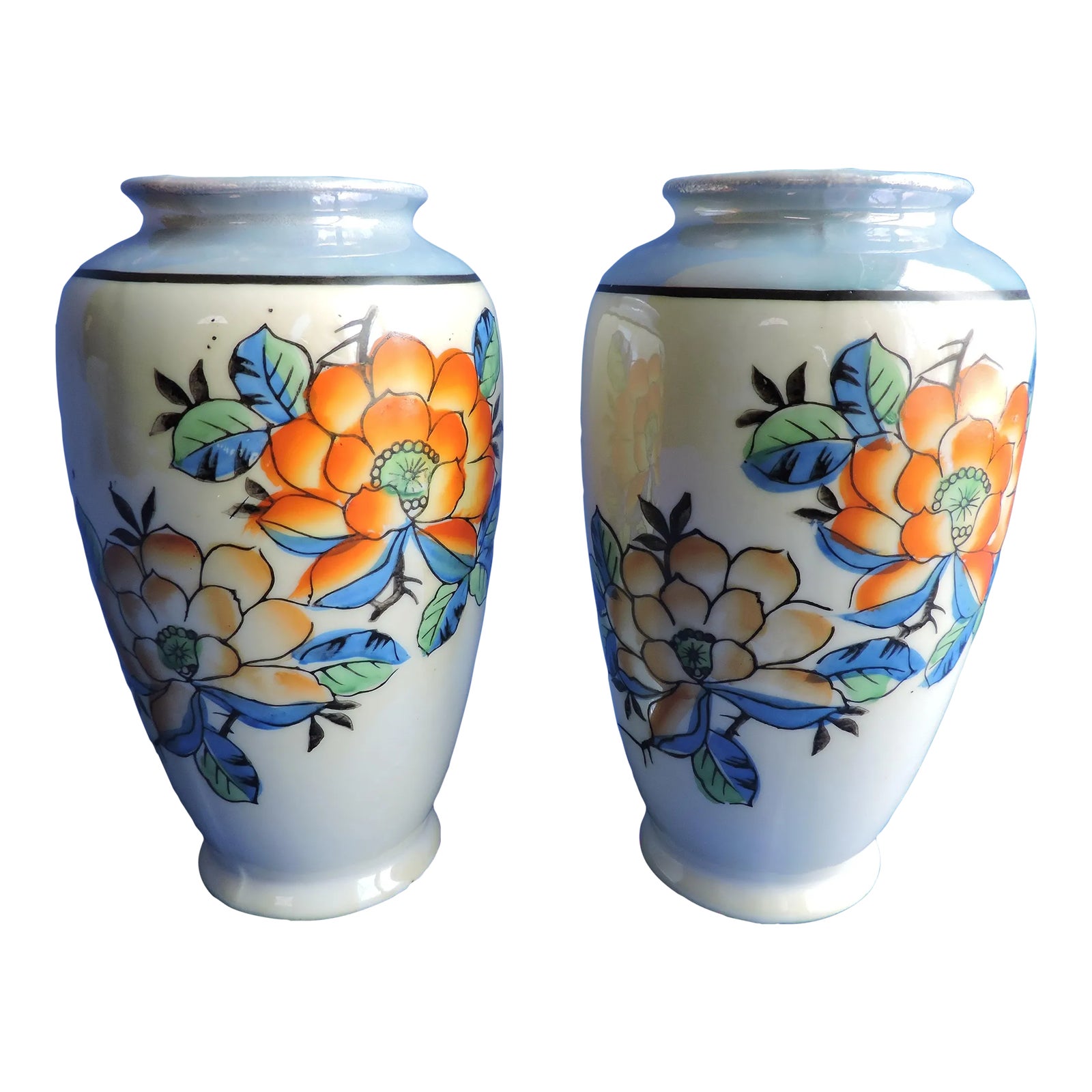 1920's Art Deco Takito Japanese Porcelain Blue & Beige Lusterware Vases ...