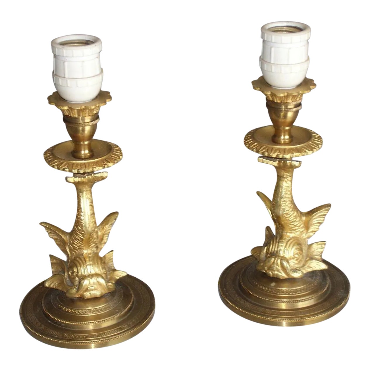 C. 1930's French Art Deco Gilt Bronze Sea Creature/ Dolphin Table Lamps ...