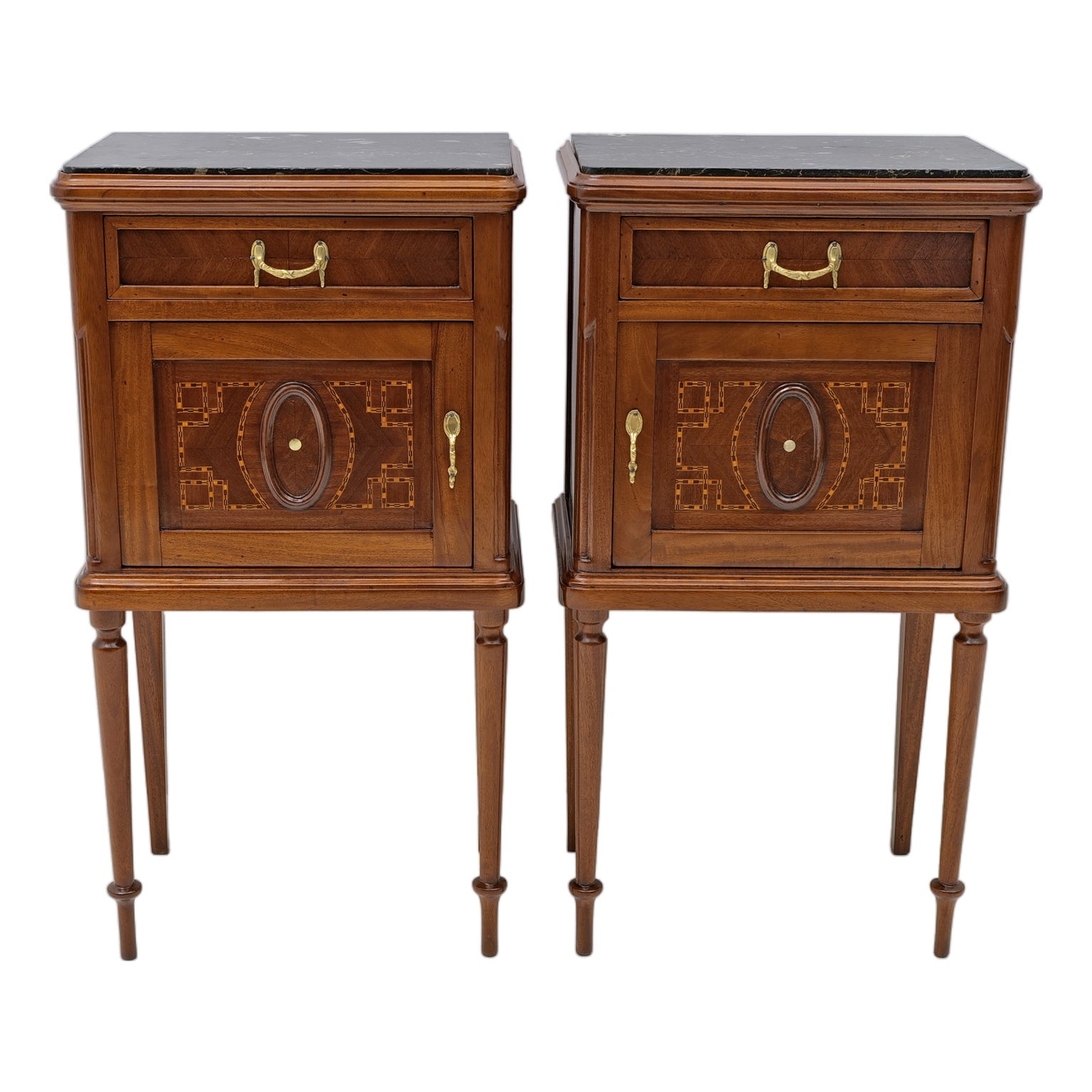 Louis XVI Style Bedside Tables with Inlays and Marble Top, Italy, 1920s ...
