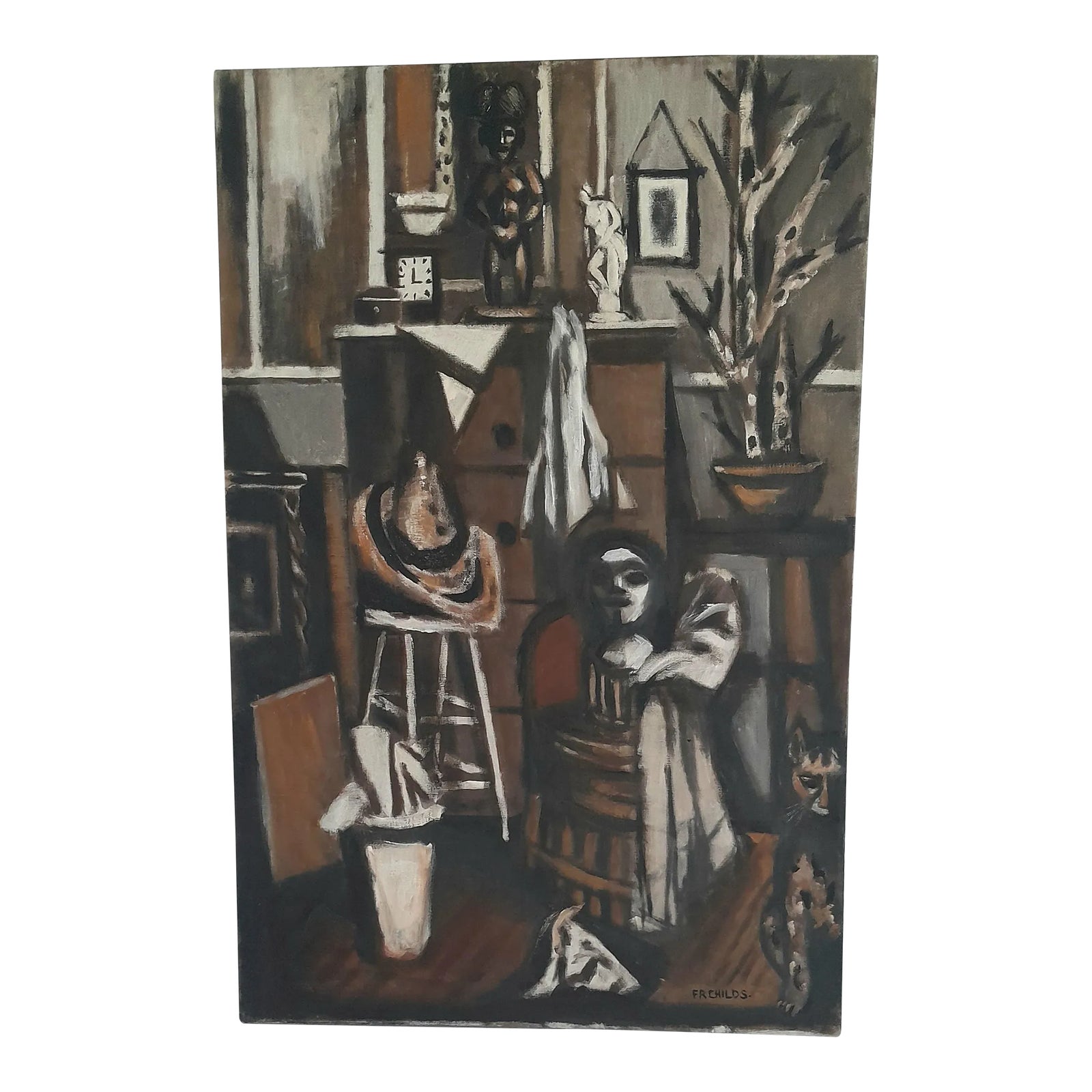 1950s Frederick Robbins Childs "Interior Space with Cat" Modernist ...