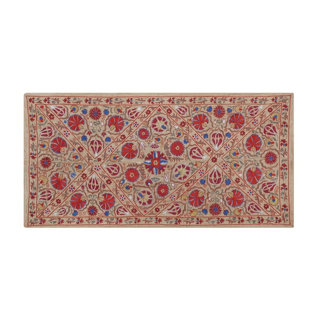 Embroidered Silk Suzani Table Runner With Tulip Motifs ,Wall Decor 3'3 ...