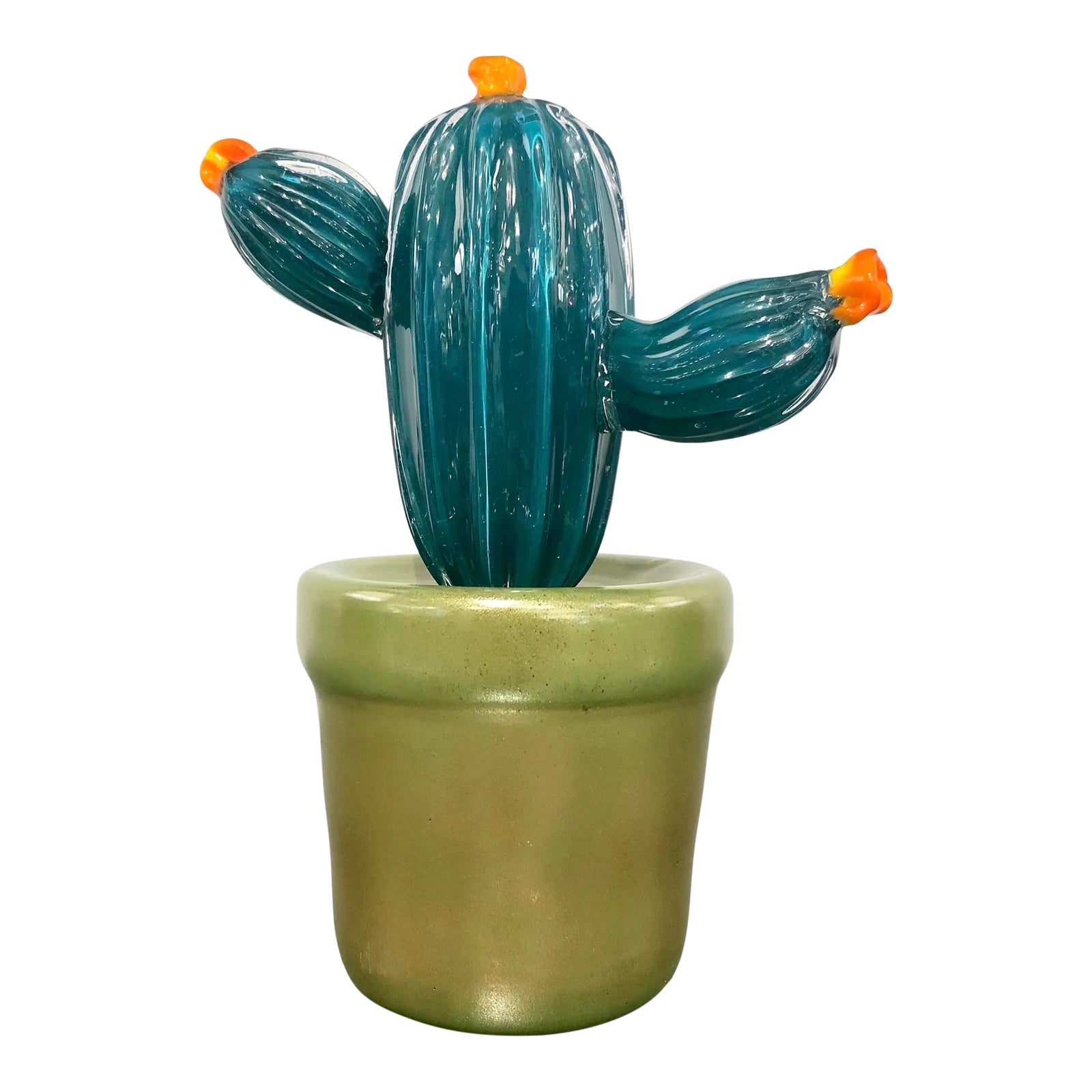 2000s Italian Teal Green Gold Murano Art Glass Cactus Plant With Orange ...