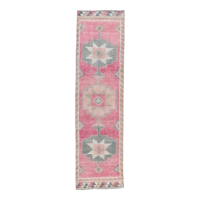 Vintage Pink Geometric Turkish Hand-Knotted Runner | Chairish