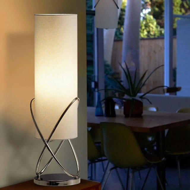 Internal Table Lamp - Chrome, White Linen Shade, Dimmer Switch | Chairish