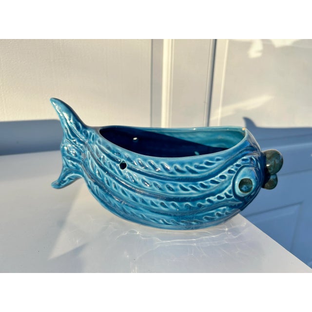 Vintage Blue Glazed Ceramic Fish Planter | Chairish