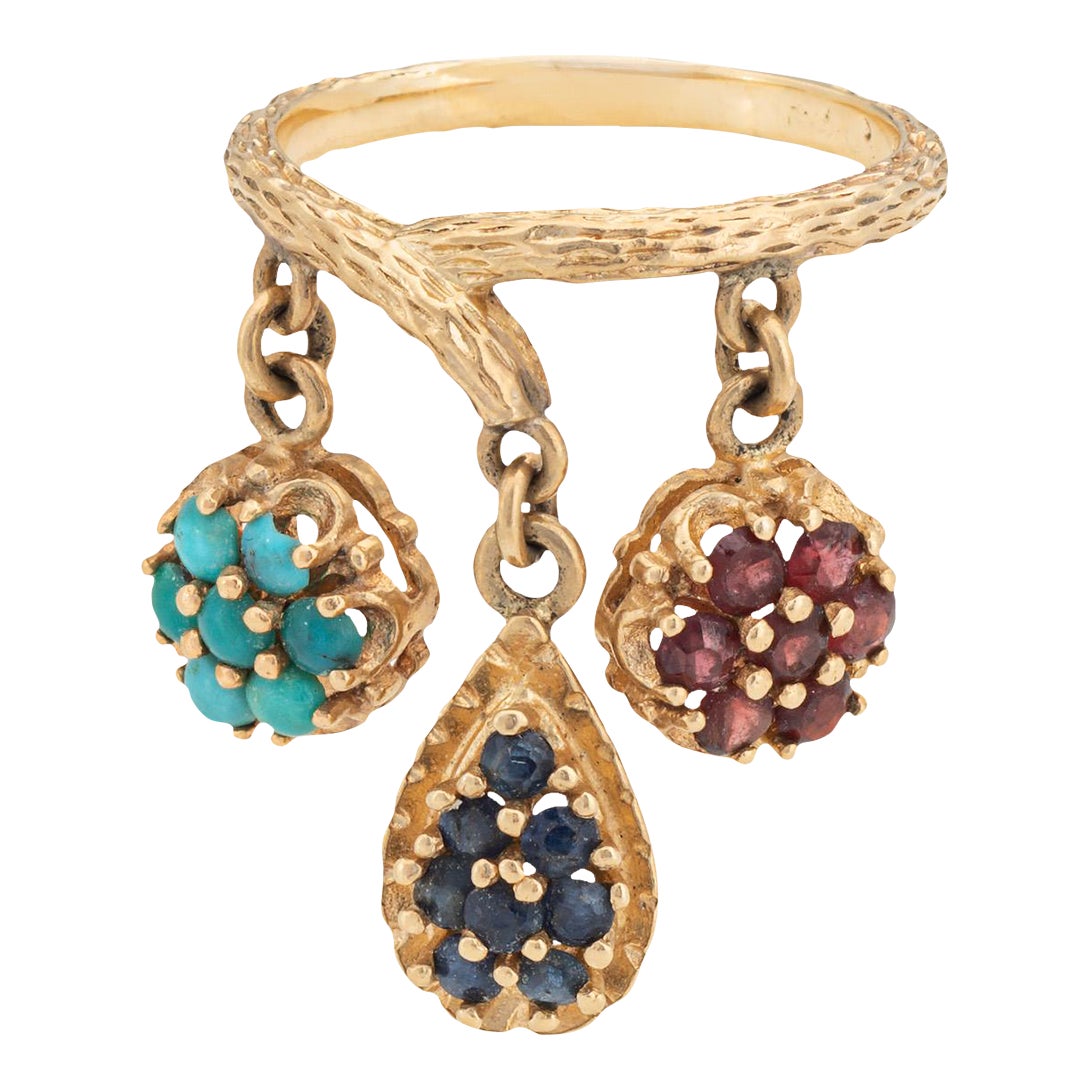 1960s Vintage Gemstone Charm Turquoise Ruby Garnet Band Dangle Ring ...