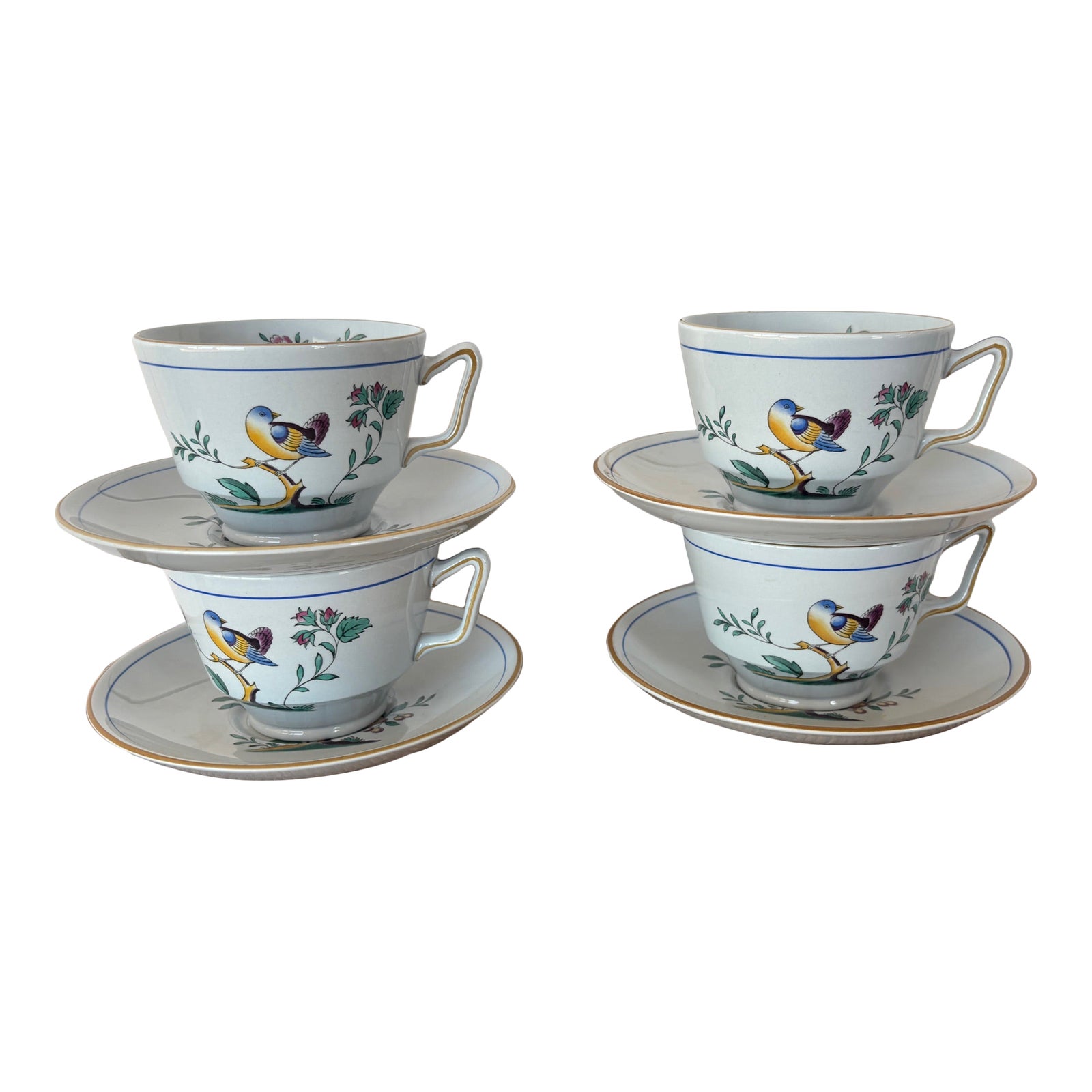 Late 20th Century Four Spode Queen's Bird Cup and Saucer Sets | Chairish