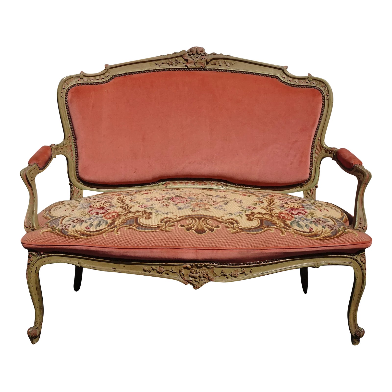 Vintage French Louis XVI Pink Velvet Tapestry Needlepoint Settee ...